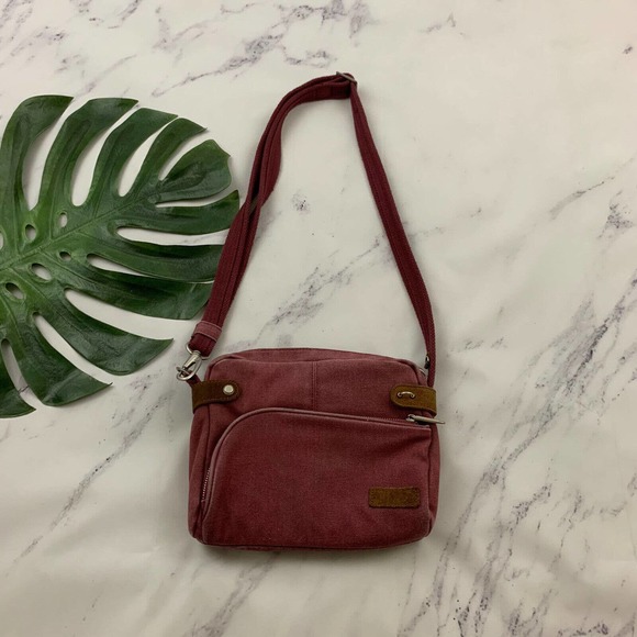Travelon | Bags | Travelon Canvas Cross Body Purse Bag Purple Pink Leather Trim Travel Rfid ...
